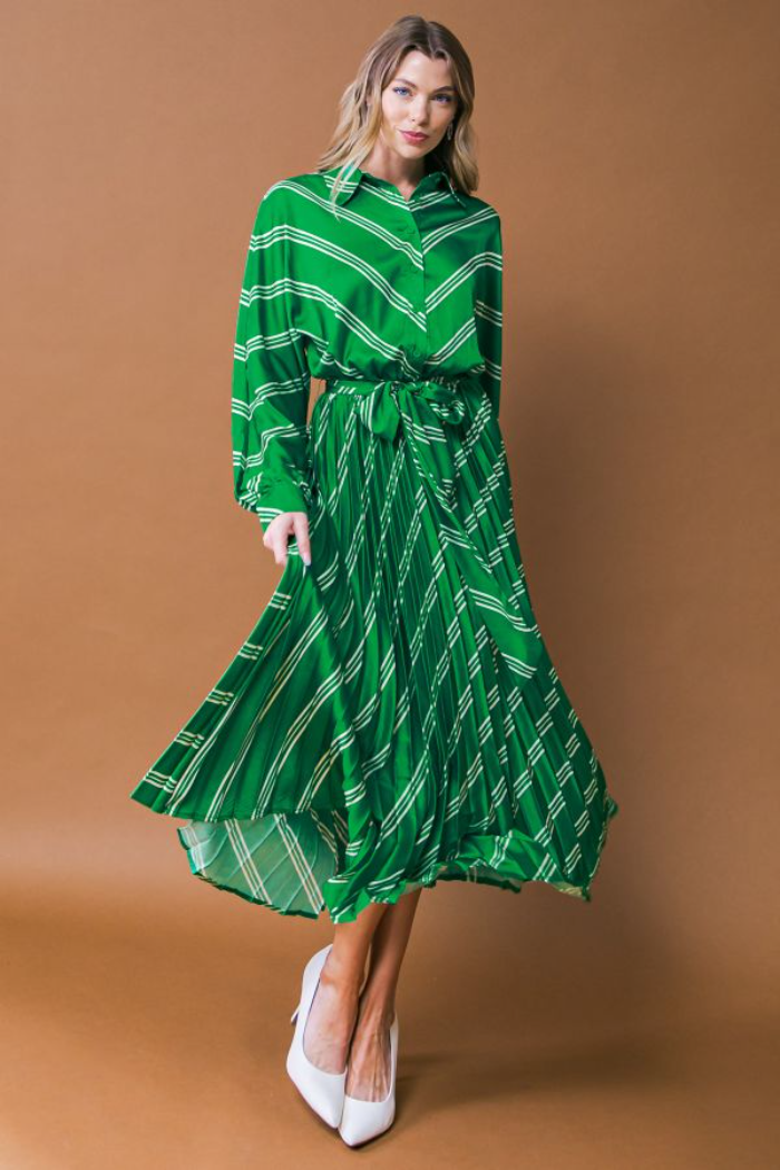 Kelly Green Striped Pleated Dress | larably